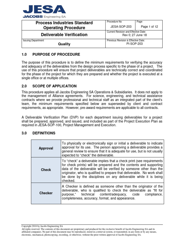 JESA SOP 203 Deliverable Verification | PDF | Verification And Validation | Project Management