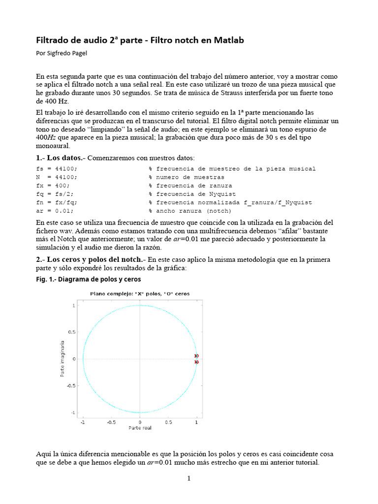 Filtrado de Audio 2a Parte - Filtro Notch en Matlab | PDF Filtrado de Audio 2a Parte - Filtro Notch en Matlab | PDF