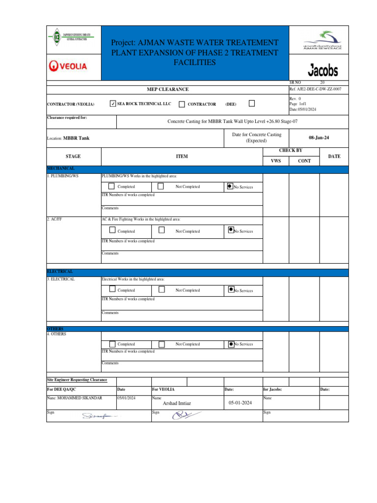 MEP Clearence - 20 Concrete Casting For MBBR Tank Wall Upto Level +26. ...