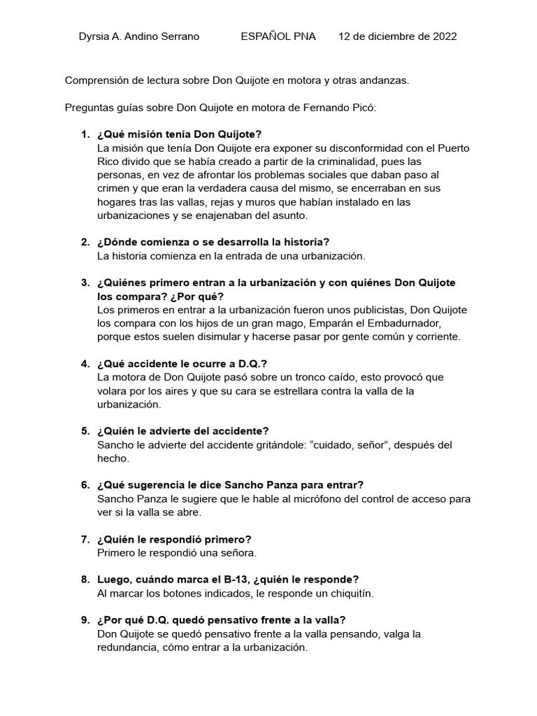 Comprensión de Lectura Sobre Don Quijote en Motora y Otras Andanzas | PDF