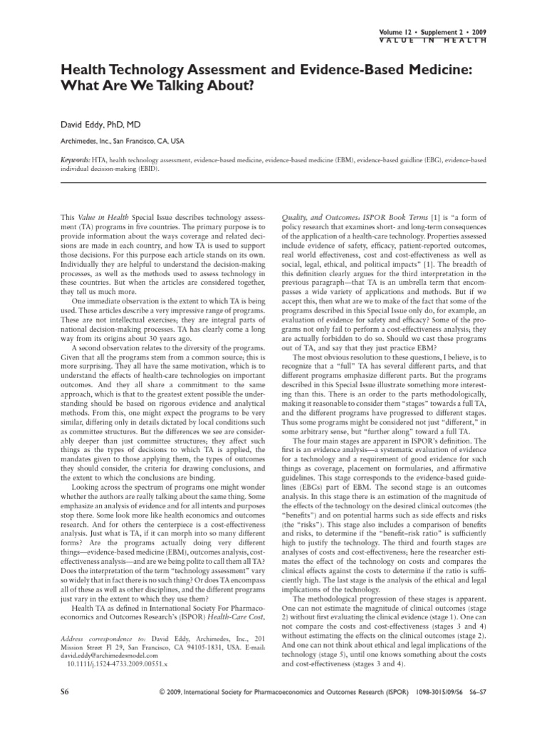 David Eddy Health Technology Assessment and Evidence-Based Medicine What Are We Talking About ...
