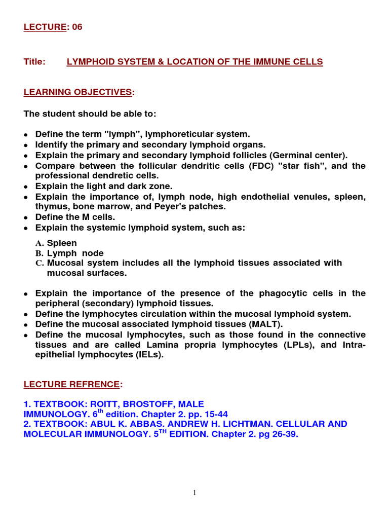 LECTURE 06 Lymphoid System and Location of The Immune Cells | PDF ...
