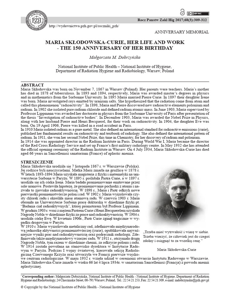 Maria Sklodowska Curie Her Life and | PDF | Marie Curie | Chemistry