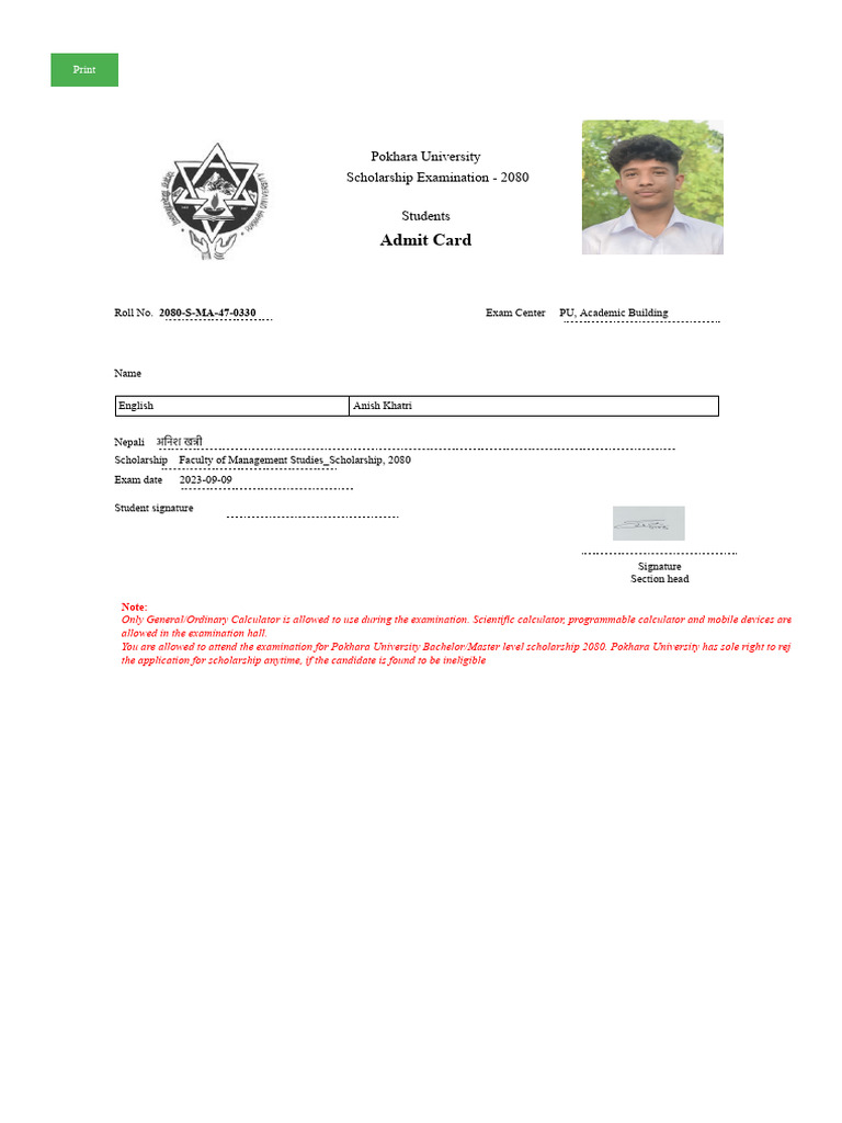 PU - Student Admit Card | PDF