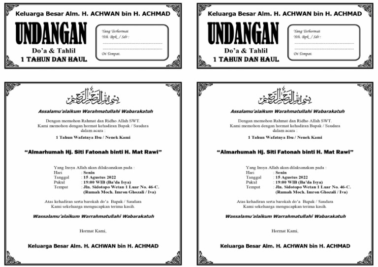 Print Undangan Tahlil 1 Tahun & Haul | PDF