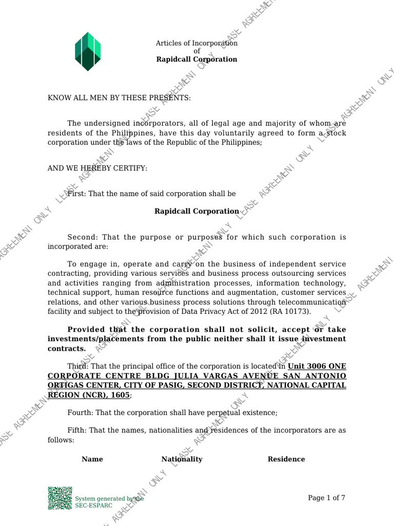 Articles of Incorporation - Rapidcall | PDF | Metro Manila | Economies