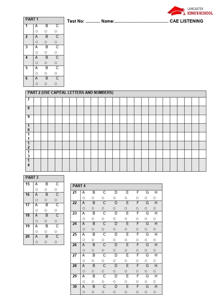 Cae Listening Answer Sheet | PDF