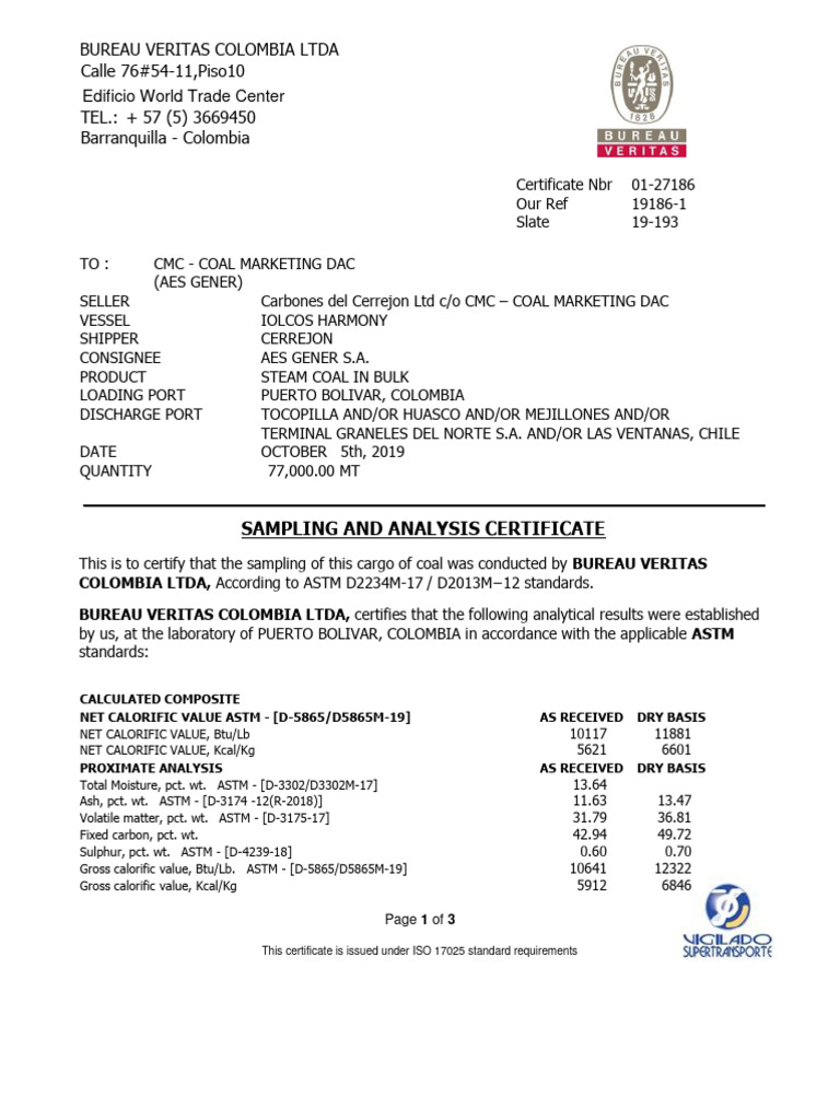 E-5602 Sampling Cert. MV Iolcos Harmony Slate 19-193 | PDF