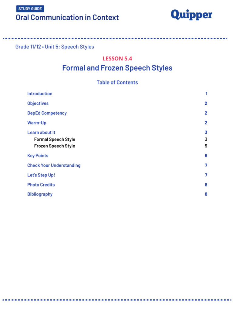 ME EngOCC 11 Q1 0504 - SG - Formal and Frozen Speech Styles | PDF ...