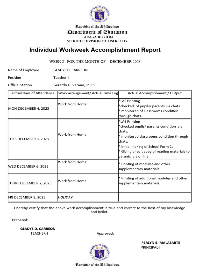 Individual Workweek Accomplishment Report | PDF | Learning | Behavior Modification