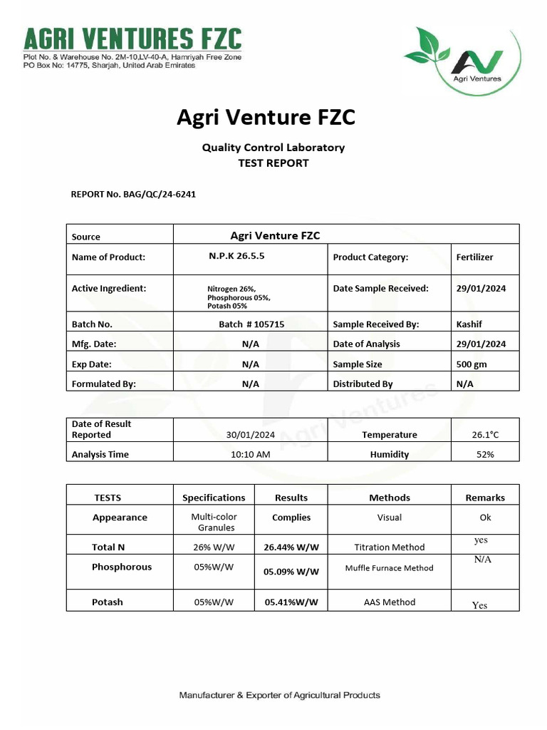 Coa of NPK 26.5.5 | PDF