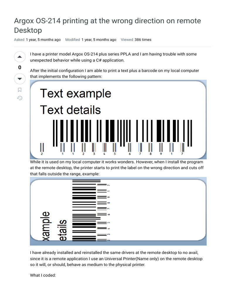 C# - Argox OS-214 Printing at The Wrong Direction On Remote Desktop - Stack Overflow | PDF