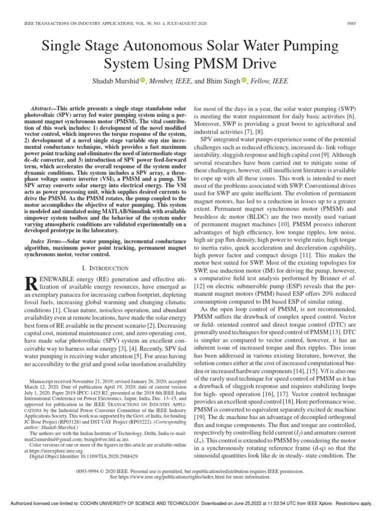 Single Stage Autonomous Solar Water Pumping System Using PMSM Drive | PDF