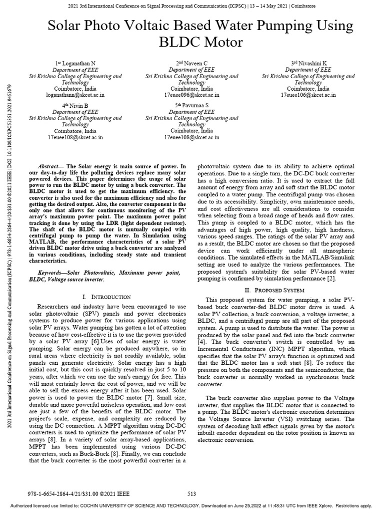 Solar Photo Voltaic Based Water Pumping Using BLDC Motor | PDF ...
