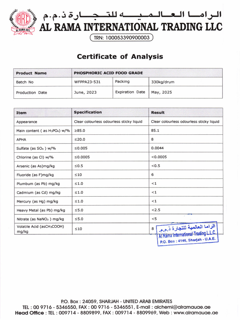COA of PHOSPHORIC ACID FOOD GRADE | PDF