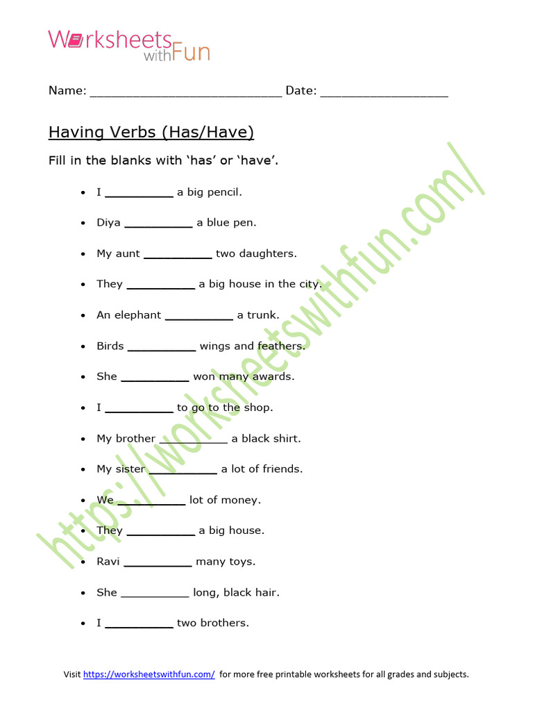Having Verbs (Has, Have) Worksheet 4 | PDF | Career & Growth | Home ...