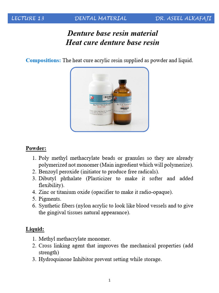 Denture Base Resin Material by Dr. Aseel Alkafaji | PDF | Thermoplastic ...
