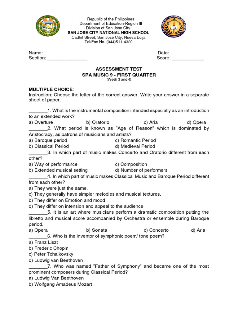 ASSESSMENT TEST - SPA MUSIC 9 - 1ST Q - WK 3 & 4 | PDF | Classical ...