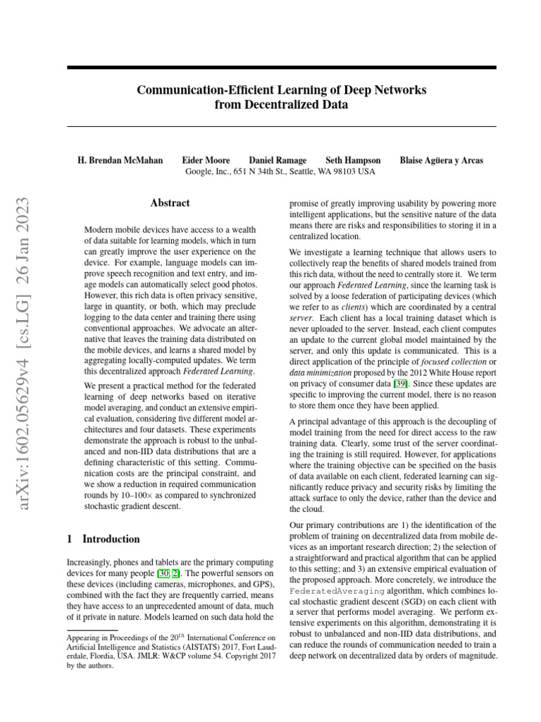 Communication-Efficient Learning of Deep Networks From Decentralized Data | PDF | Computing ...