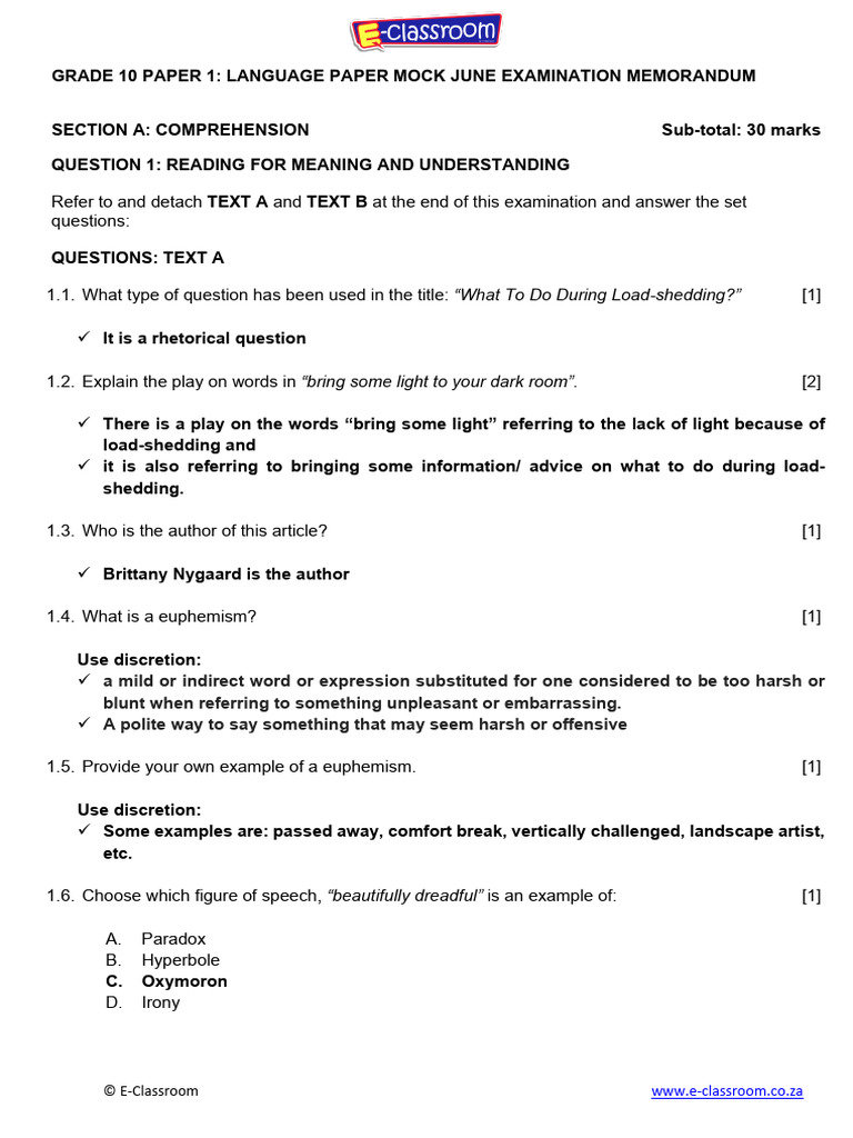 gr10 Eng HL Term2 Pack01 Practice Paper Memo | PDF | Verb | Subject ...
