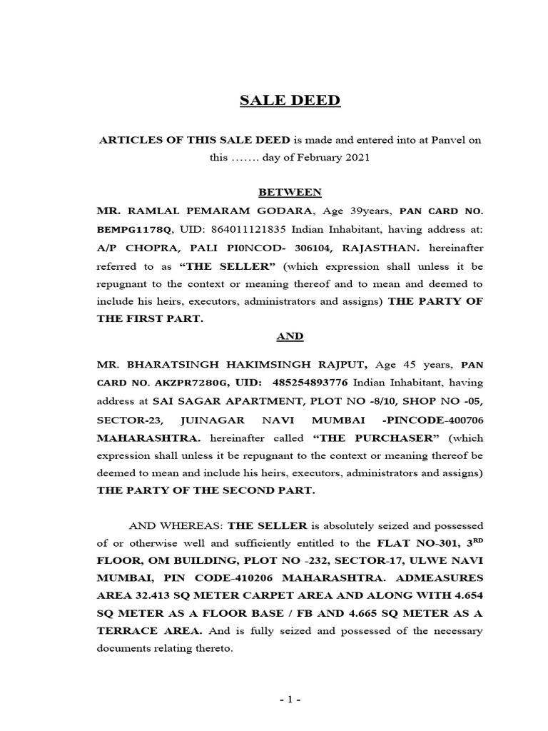 SALE DEED - Bharat Singh Rajput - Drafted by Adv - Satish | PDF | Sales ...