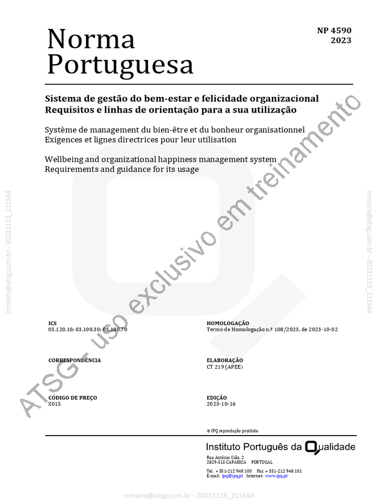 Norma NP 4590: Gestão do Bem-Estar Organizacional | PDF | Qualidade ...