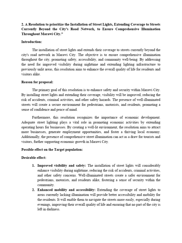 A Resolution To Prioritize The Installation of Street Lights, Extending ...