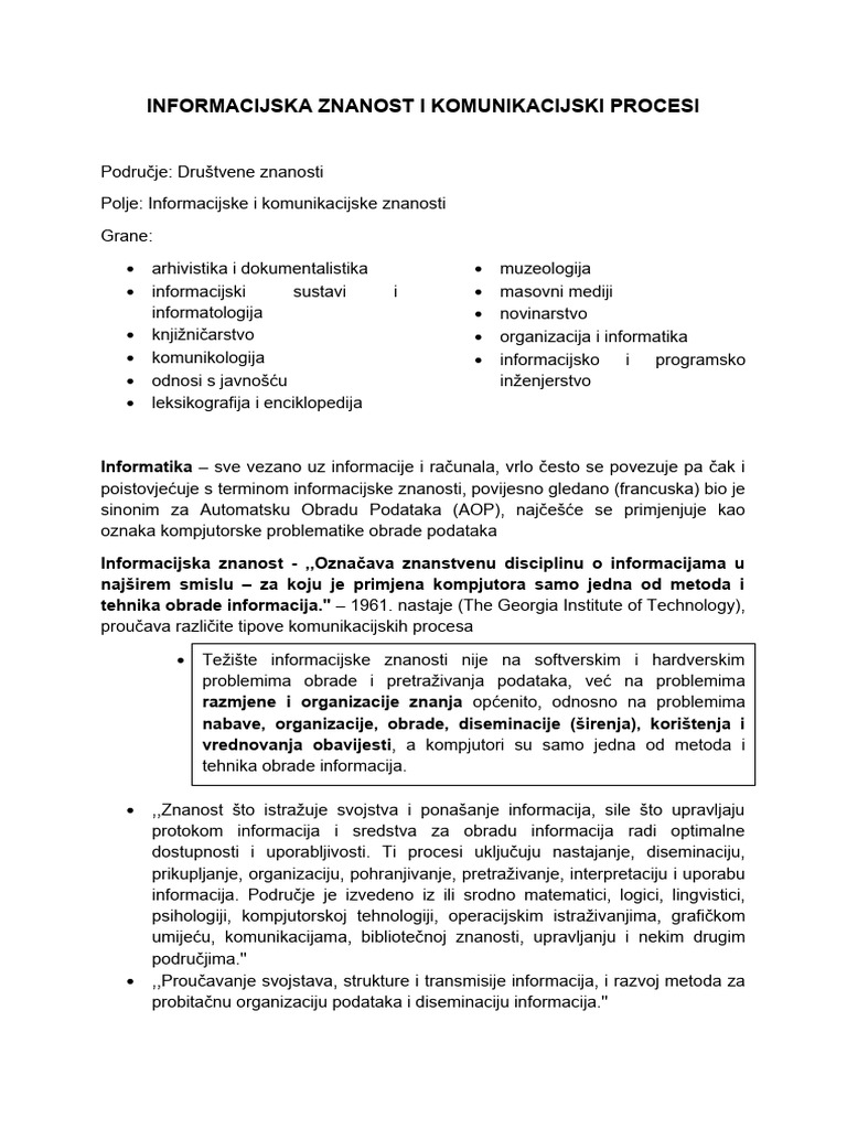 Informacijska Znanost I Komunikacijski Procesi | PDF