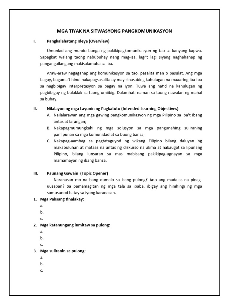 Aralin 9 (MGA TIYAK NA SITWASYONG PANGKOMUNIKASYON) | PDF