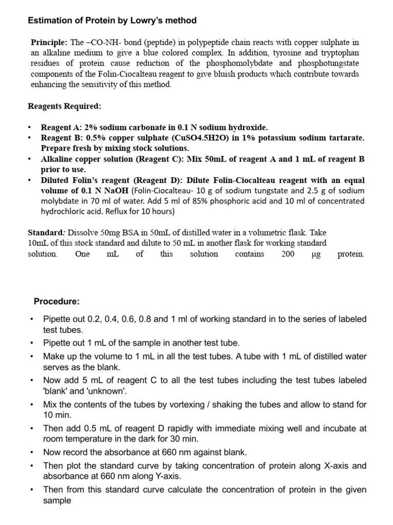 Protein Estimation Using Lowry Method | PDF | Sodium Hydroxide | Atoms