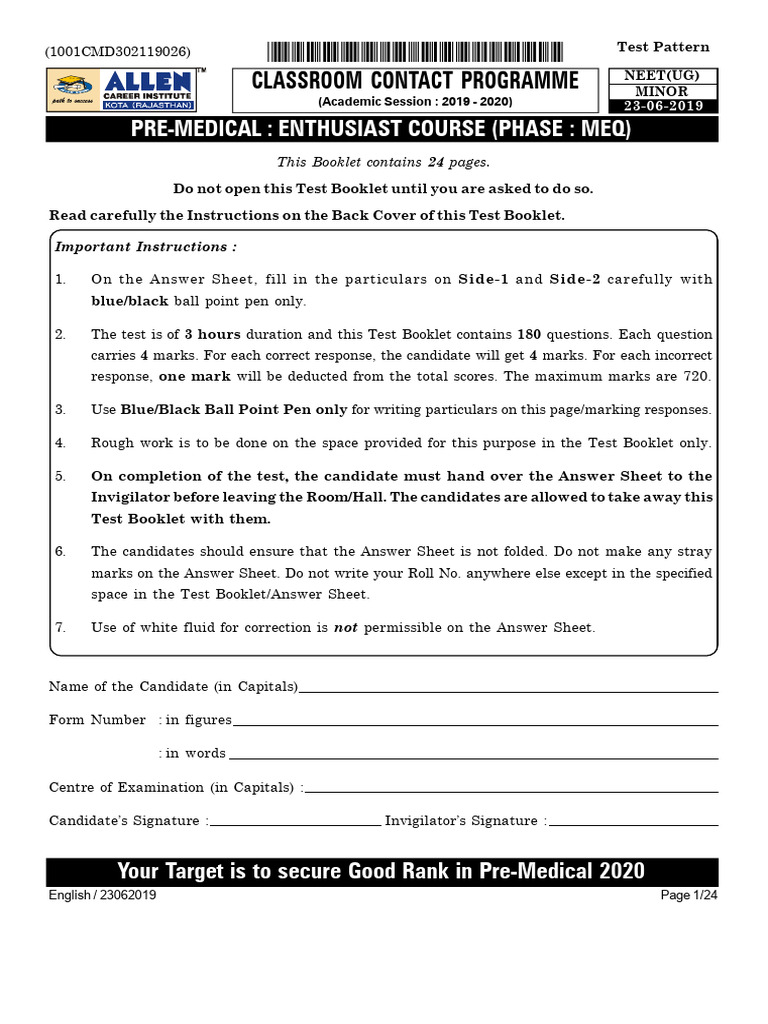 Classroom Contact Programme: Pre-Medical: Enthusiast Course (Phase: Meq) | PDF | Metrology ...