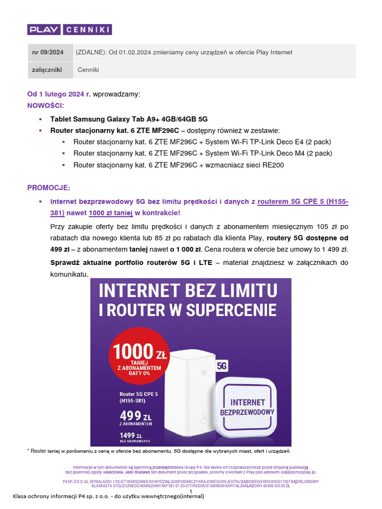 CENNIKI 09.2024 (ZDALNE) Od 01.02.2024 Zmieniamy Ceny Urządzeń W Ofercie Play Internet | PDF