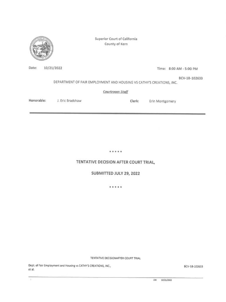 Court Ruling: DFEH vs. Cathy's Creations | PDF | Free Exercise Clause ...