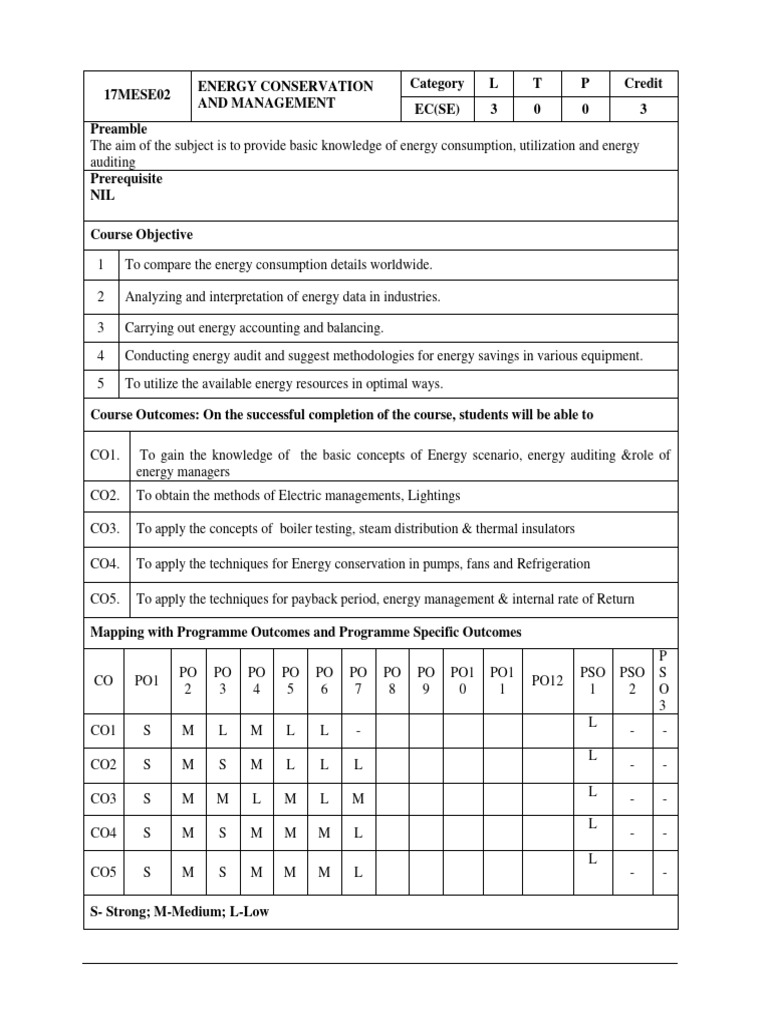 Energy Conservation and Management Syllabus | PDF