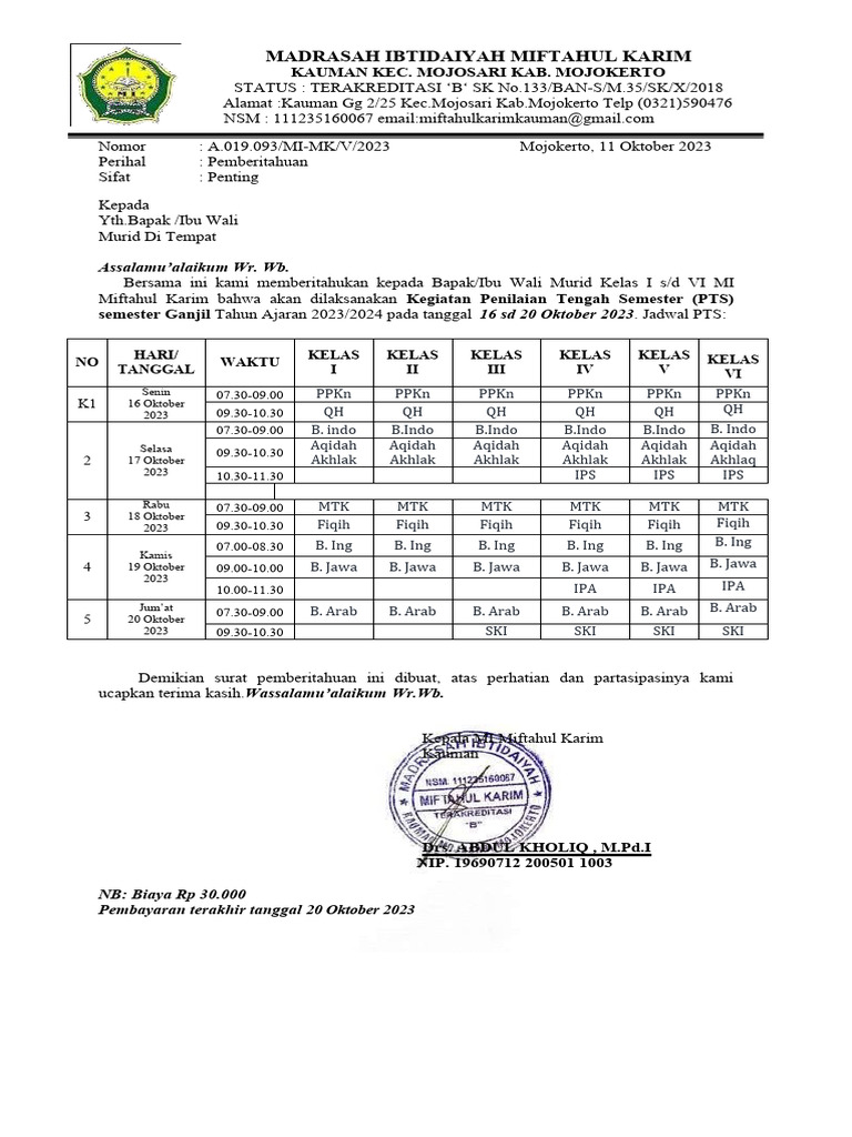Pemberitahuan Pts Ganjil 2023-2024 | PDF