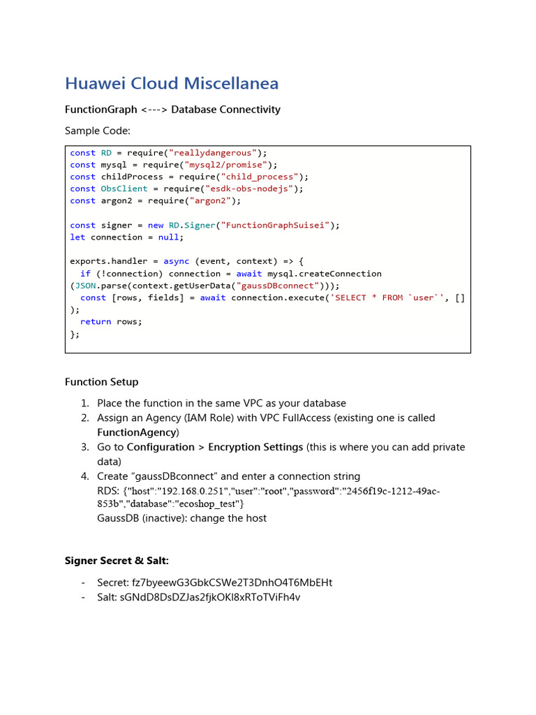Huawei Cloud Miscellanea: Functiongraph Database Connectivity | PDF