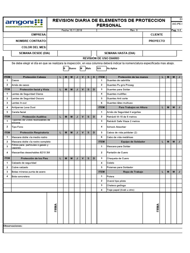 Aic-pe-sstma-03-R-02 Check List Diario de Epp. | Descargar gratis PDF ...