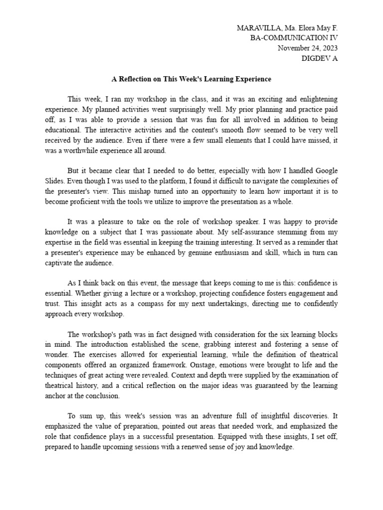 Student's Workshop Reflection | PDF | Career & Growth | Social Science