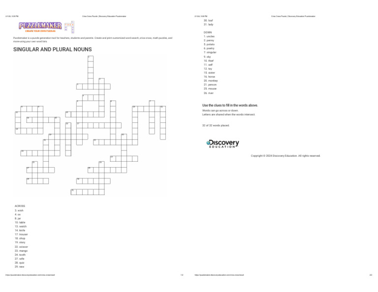 Criss Cross Puzzle - Discovery Education Puzzlemaker | PDF