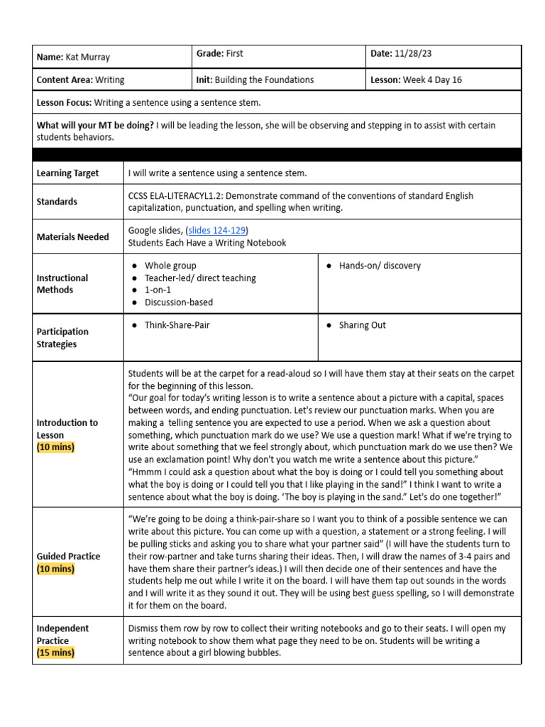 Observation Lesson Plan 1 | PDF