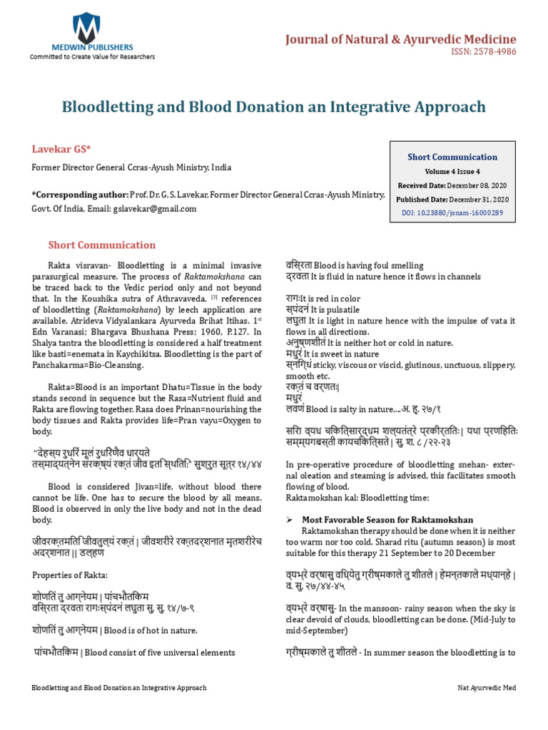Bloodletting and Donation: Ayurvedic Insights | PDF | Cardiovascular ...