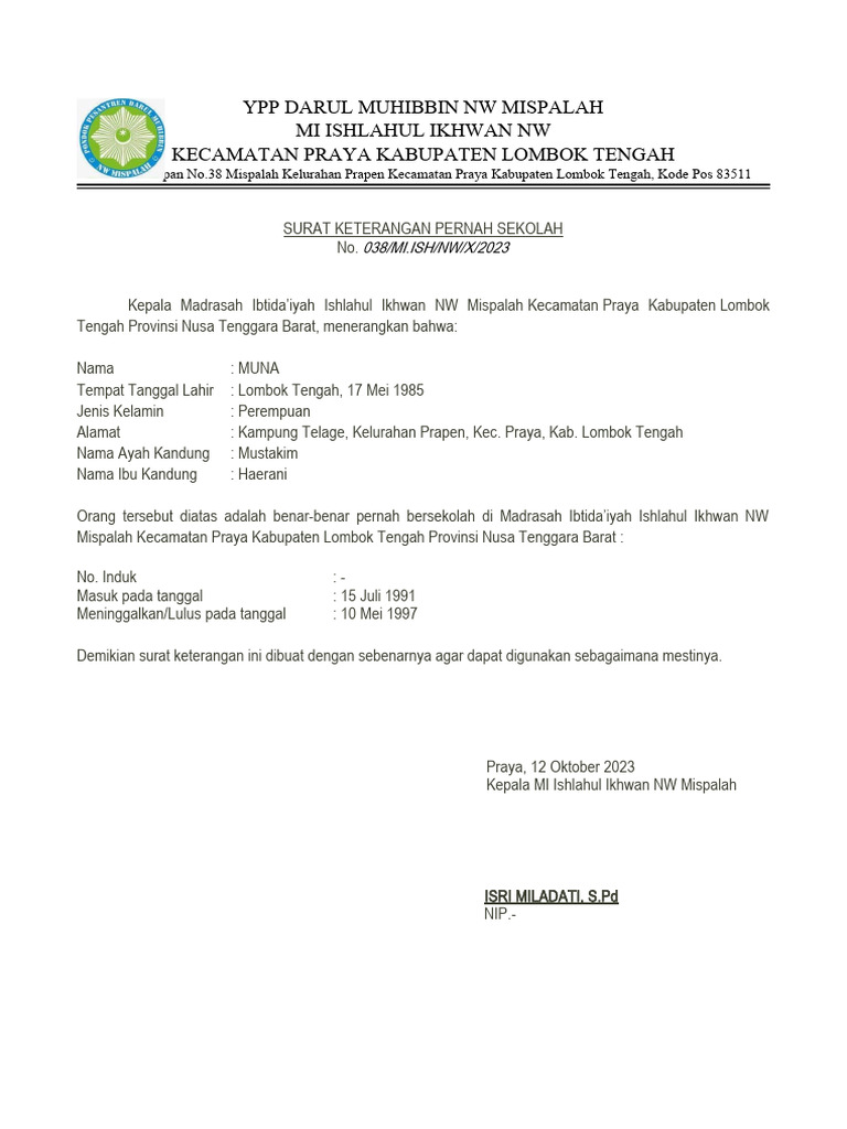 Surat Keterangan Pernah Sekolah Muna | PDF