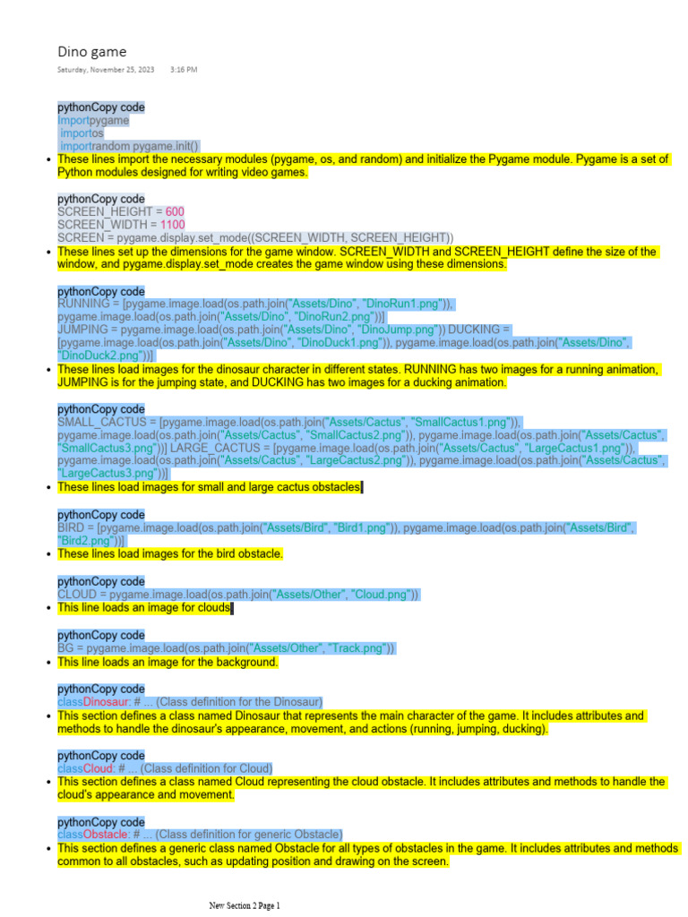 Dino Game Notes | PDF