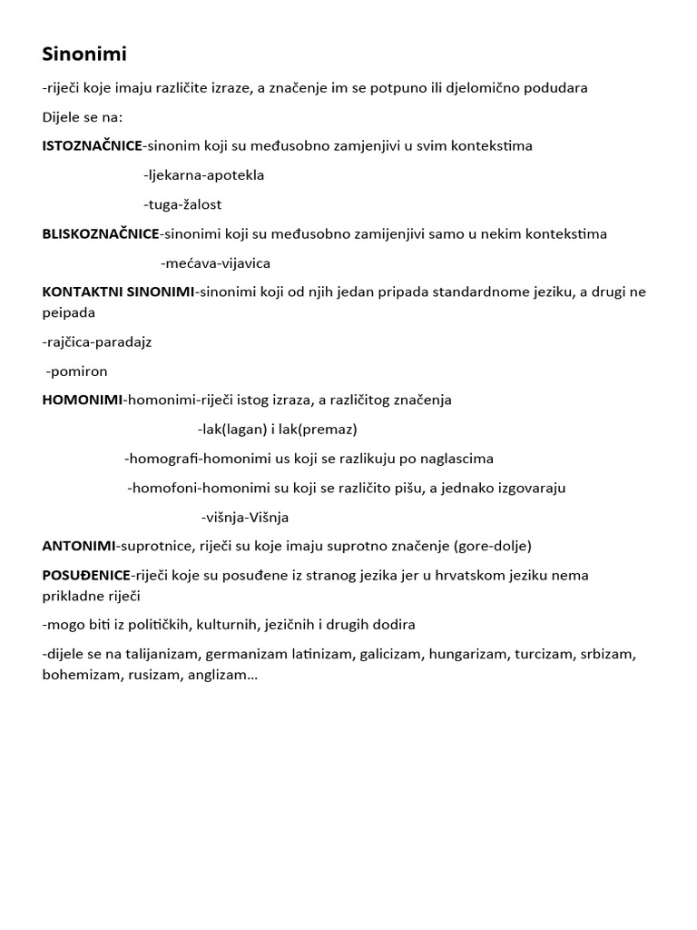 Sinonimi, Homonimi, Antonimi I Posuđenice | PDF