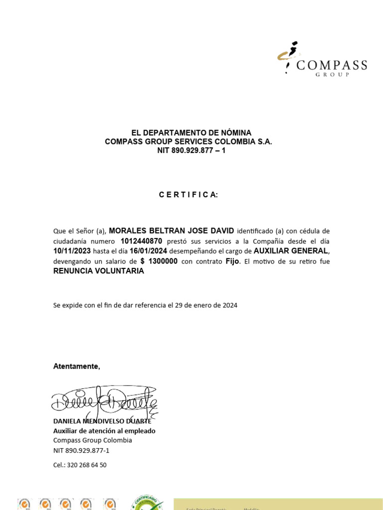 Certificados COMPASS GROUP SERVICES COLOMBIA | PDF