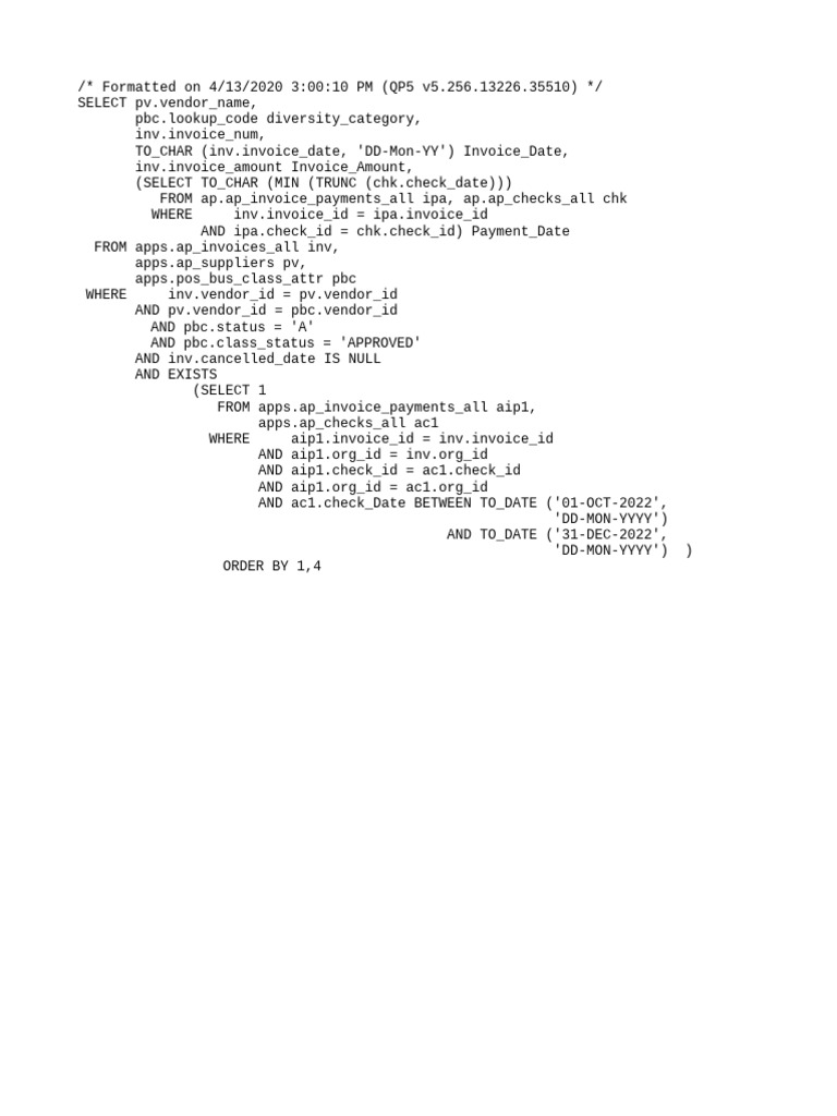 Query To Fetch Diversity Vendors Invoices | PDF