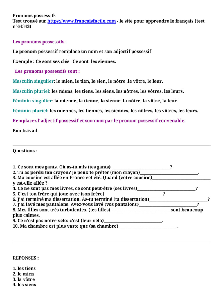 Pronoms Possessifs | PDF