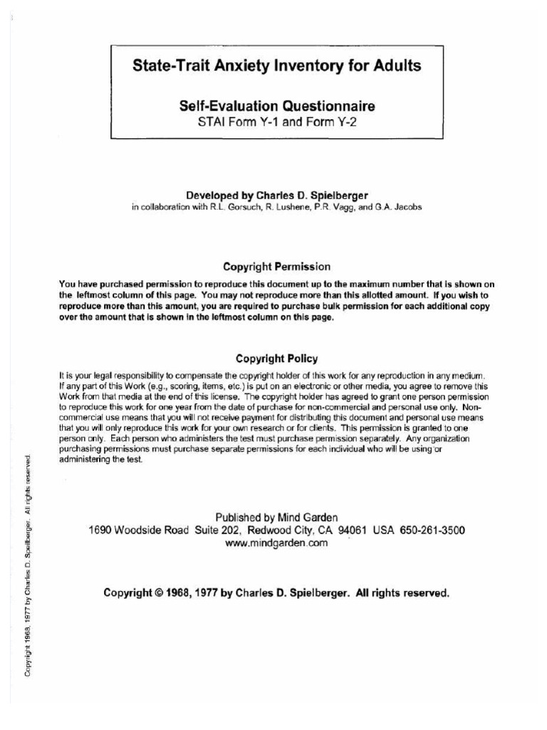 Stai Spielberger State Trait Anxiety Inventory | PDF