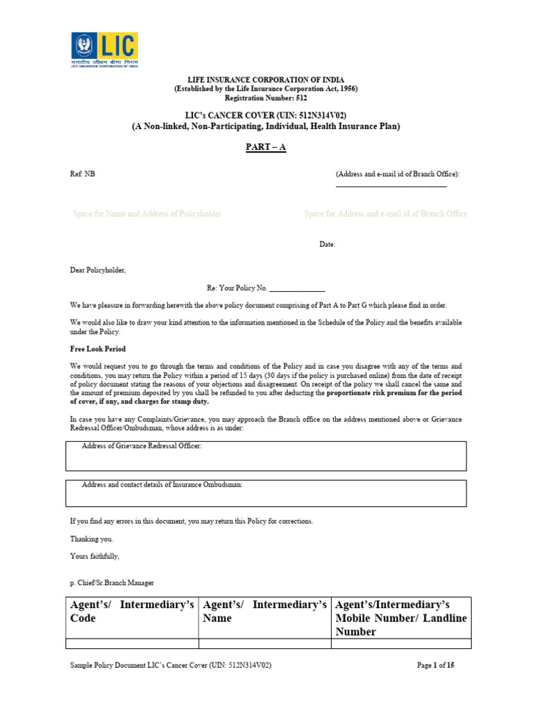 Sample Policy Document - LIC S Cancer Cover - UIN - 512N314V02 | PDF ...