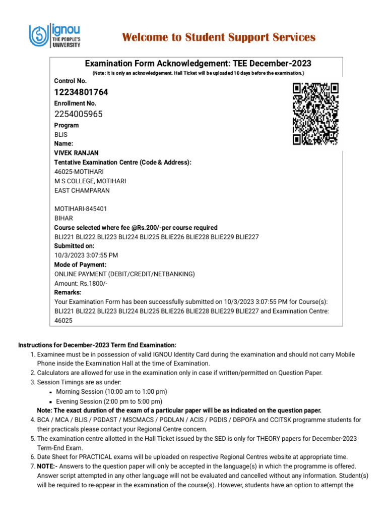 IGNOU - Examination Form Acknowledgement | PDF